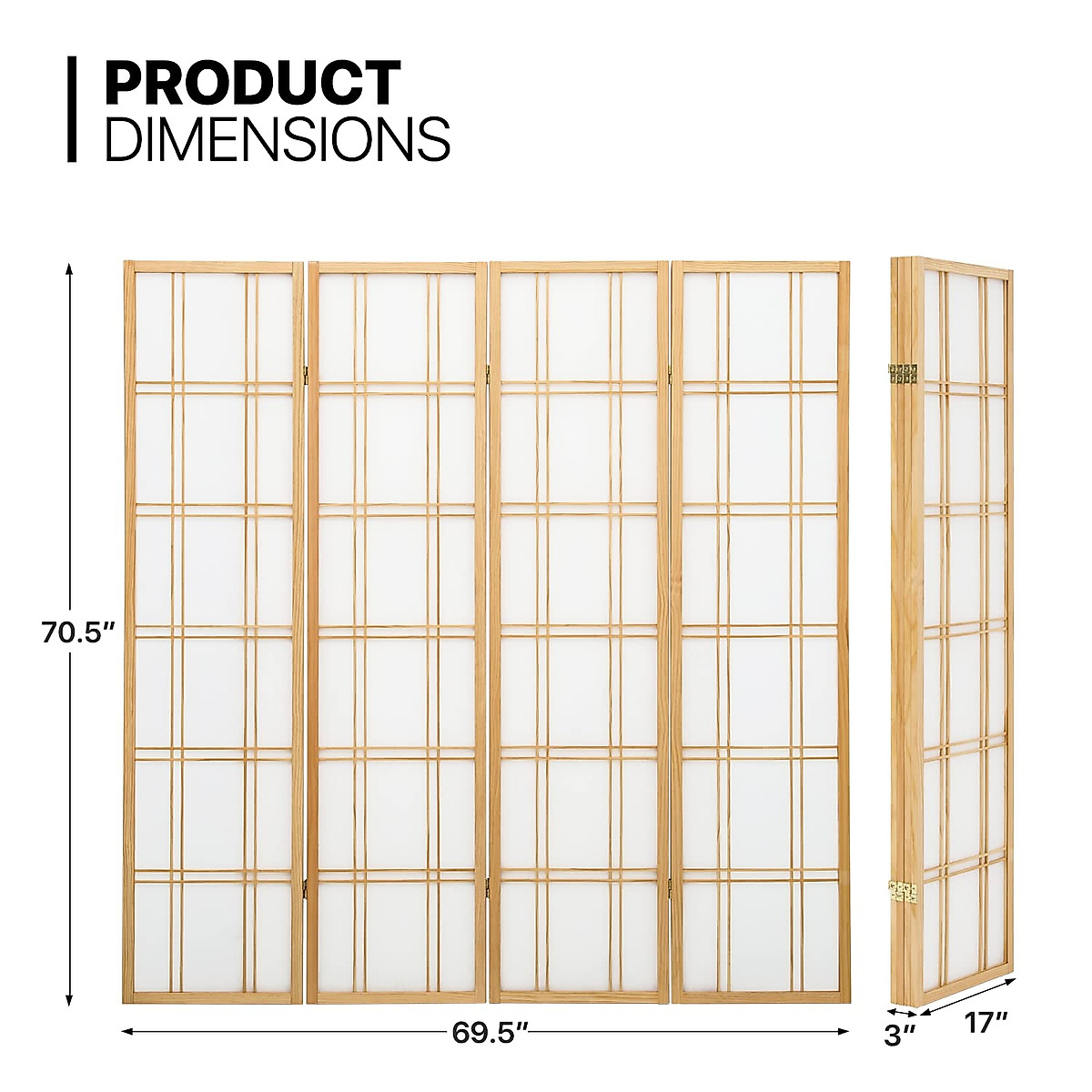 MoNiBloom Oriental Room Dividers and Folding Privacy Screens 5.7ft Shoji Room Divider Double Cross Folding Partition Freestanding Wood Wall Dividers with 4 Panel for Office Changing Room, Natural