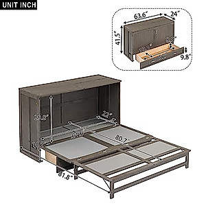 Yuxuanhang Queen Size Solid Wood Murphy Bed with Charging Station and Large Storage Drawer, Space-Saving Design for Small Spaces Guest Room Lounge or Office, Antique Grey