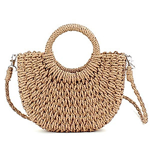QTKJ Mini Semi-circle Rattan Straw Handbags, Hand-woven Women Summer Retro Straw Tote Bag Beach Tote Shoulder Bag Crossbody Bag Round Handle Beach Handbags (Khaki)