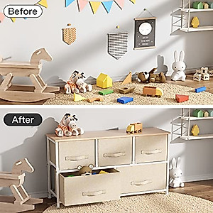 Pipishell Fabric Dresser, Dresser for Bedroom with 5 Drawers, Wide Dresser Storage Tower Organizer Unit with Wood Top and Easy Pull Handle for Closets, Living Room, Nursery Room, Hallway