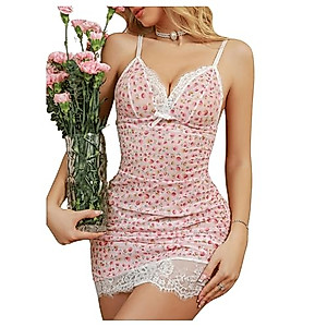 SOLY HUX Sexy Lingerie Set for Women Valentine's Day Gift Babydoll Lingerie Dress Nightgown 2 Piece Lace Pajamas Pink Floral S