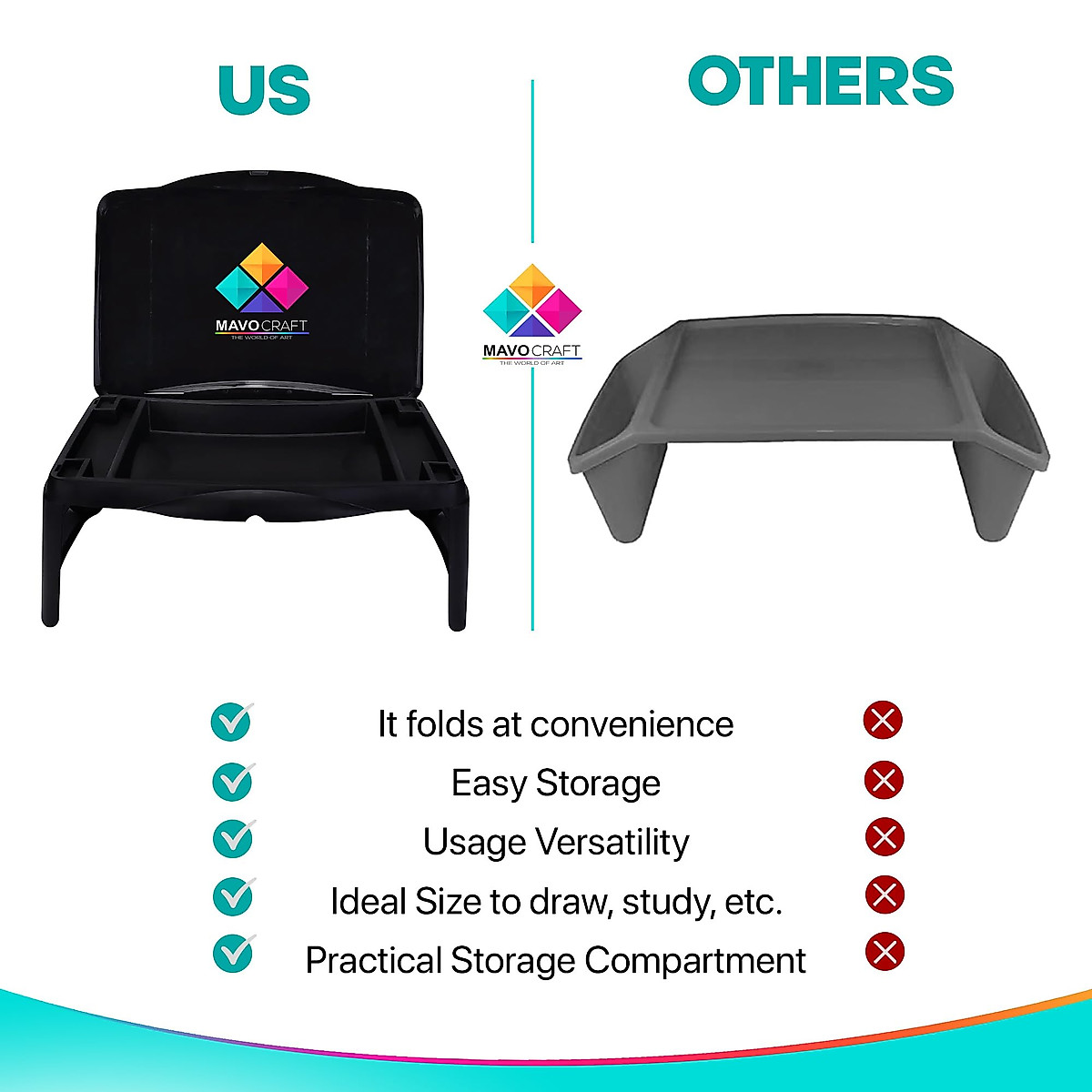 Folding Lap Desk, Laptop Desk, Breakfast Table, Bed Table, Serving Tray - The lapdesk Contains Extra Storage Space and dividers & Folds Very Easy, Great for Kids, Adults, Boys, Girls (Black)