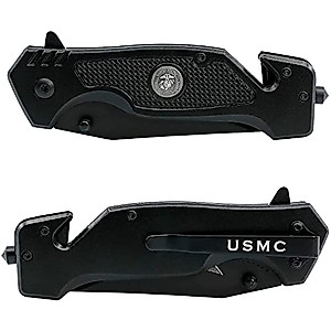 USMC Black Tactical Folding Knife-3.5 Inch Blade Marine Rescue & Hunting Knife-Two-Sided Engravings - USMC Gift-Disabled USMC Vet Owned SMALL Business