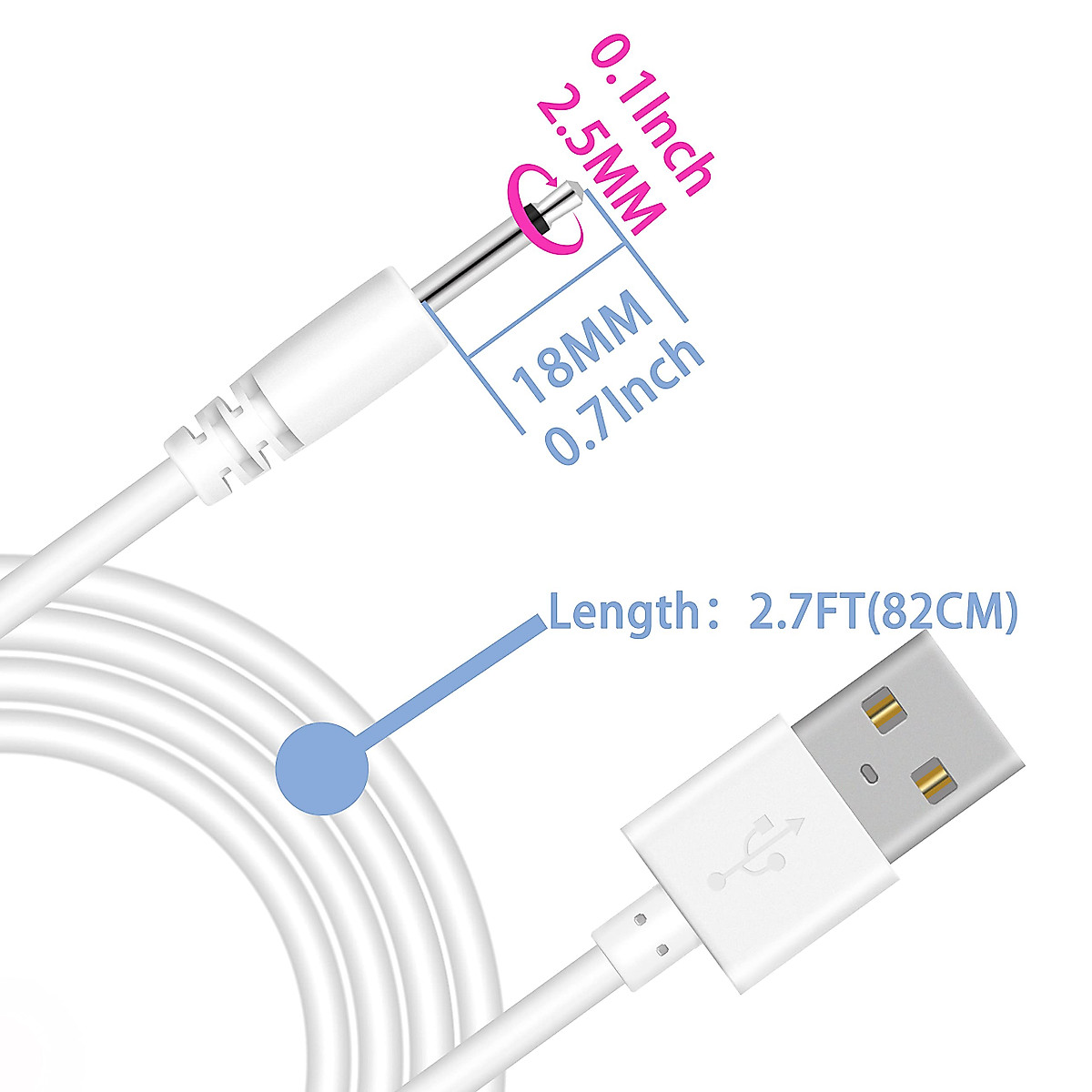 Bicmice 2.7Ft USB DC Charging Cable 2.5mm DC Charger Cord Fast Charging Replacement Cable