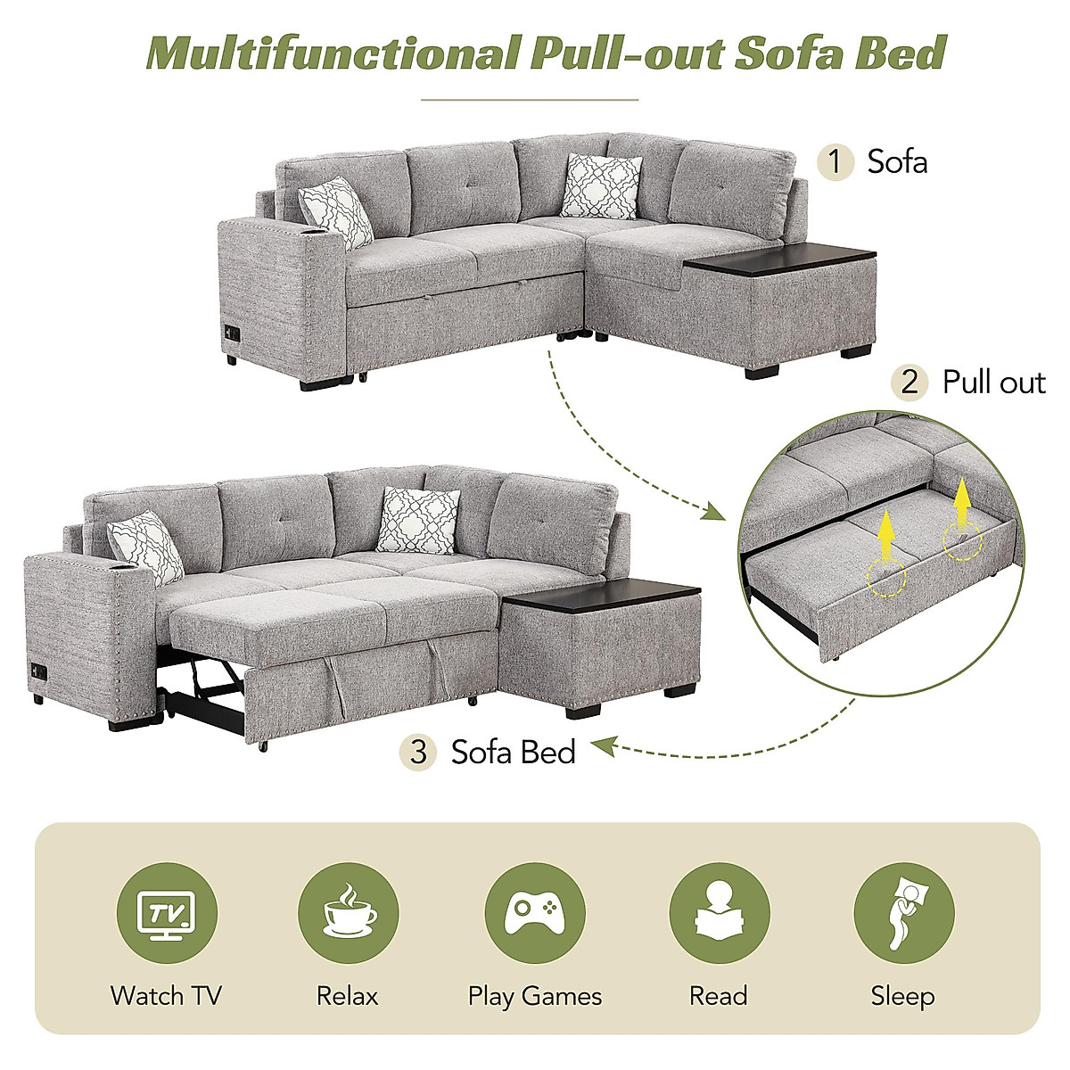 P PURLOVE Sectional Sofa with Pull-Out Sleeper Sofa Bed, Reversible Sectional Sofa with Storage Chaise, L Shaped Couch with Coffee Table for Living Room (Light Gray)
