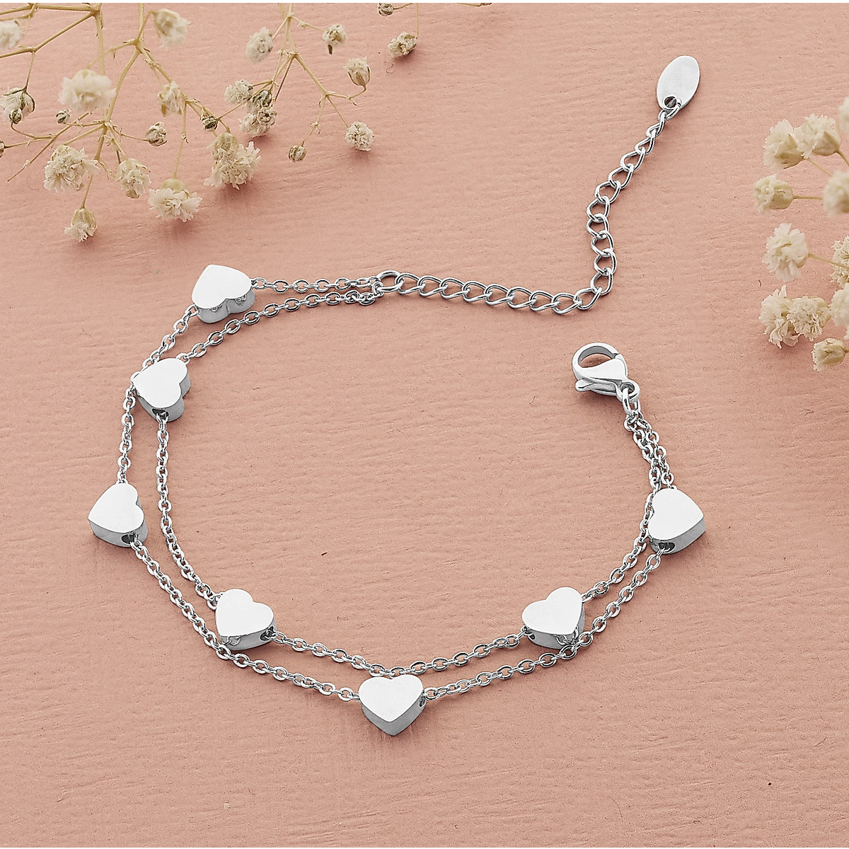 Pera Jewelry Heart Bracelets, 14K Gold Plated and Silver Plated Layered Chain Heart Bracelets for Women with Gift Box, Adjustable Charm Bracelets, Minimalist Fashion Jewelry, Tiny Dainty Bracelets