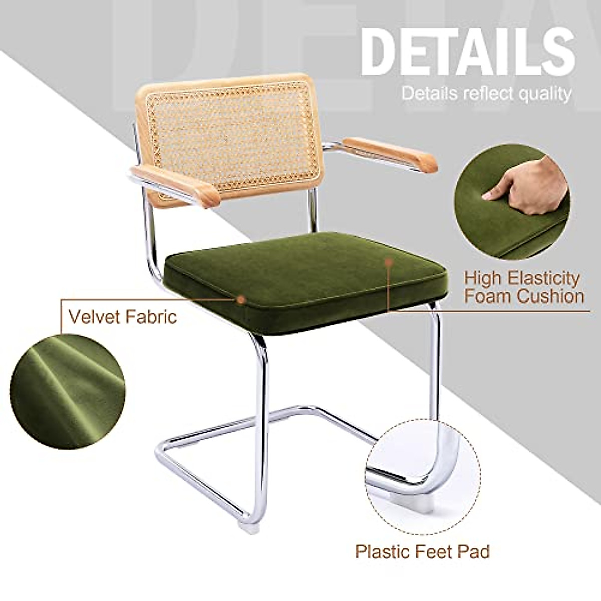 Zibeths Olive Green Dining Chairs, Cane Back Side Chairs with Armrest, Cesca Dining Chairs Set of 2, Velvet Upholstered and Chrome Legs for Dining Room, Living Room, Kitchen