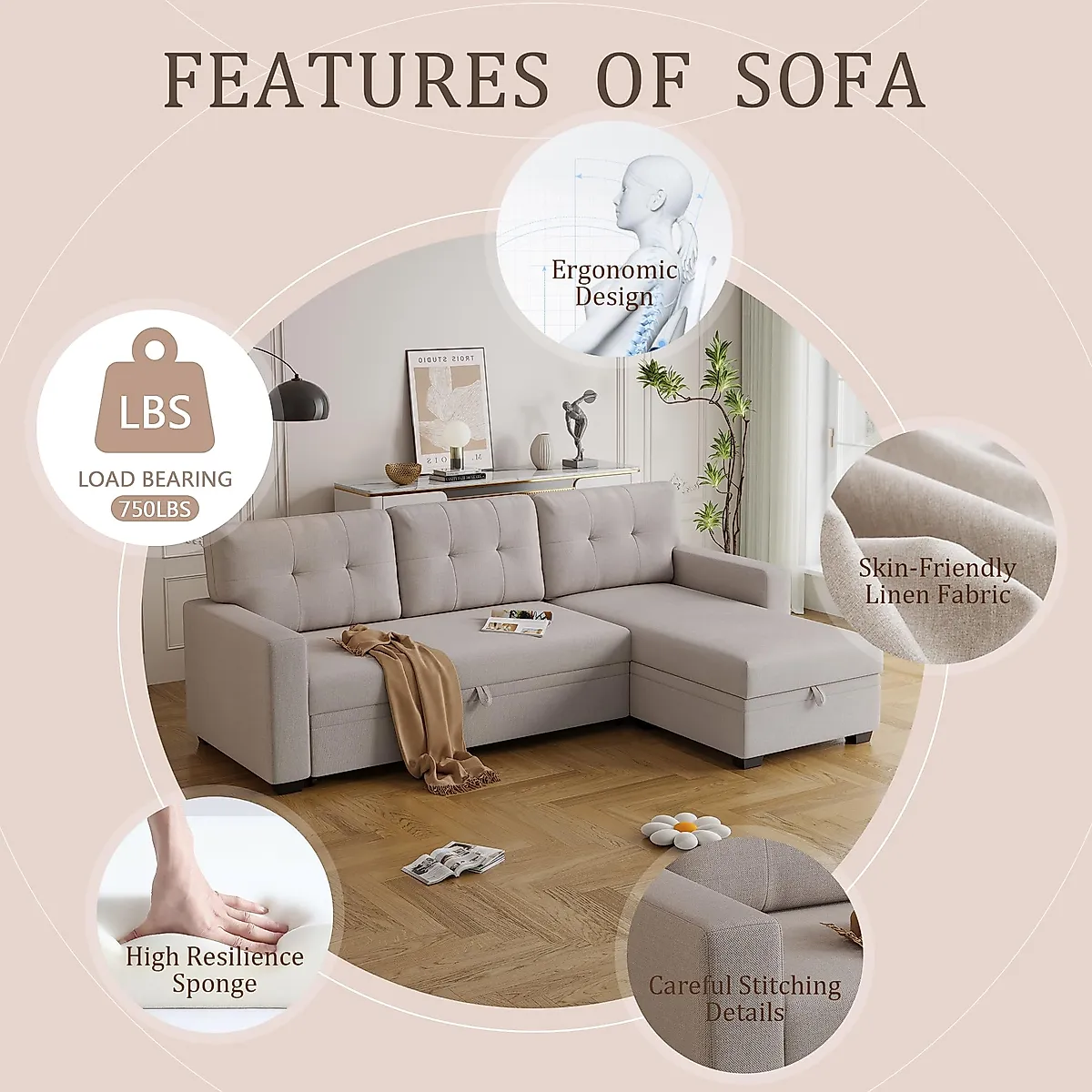 Acosure 82" Sectional Sleeper Sofa with Storage Chaise & Pull-Out Bed,L-Shape Convertible 3 Seater Couch W/Tufted Backrest,Reversible Sleeper for Living Room Apartment Office,Beige