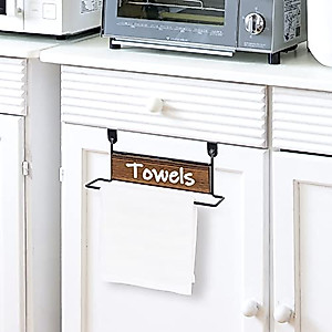 MyGift 10 Inch Matte Black Metal Bar Over Cabinet Door Kitchen Tea Towel Hanger Rack with Rustic Burnt Wood Sign White Print Lettering “Towels” Label Design