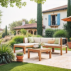 Devoko 5 Pieces Outdoor Sectional Couch Patio Sectional Sofa with Acacia Wood Coffee Table, Outdoor L-Shaped Couch with All-Weather Cushion for Patio,Deck,Backyard(White)