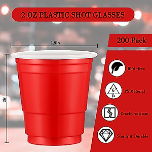 Dandat 200 Pack 2 oz Plastic Shot Glasses Plastic Cups Mini Disposable Glasses for BBQ Christmas Party Tastings Serving Sample Picnic Camping Daily Life Wedding Supplies (Black, Red)