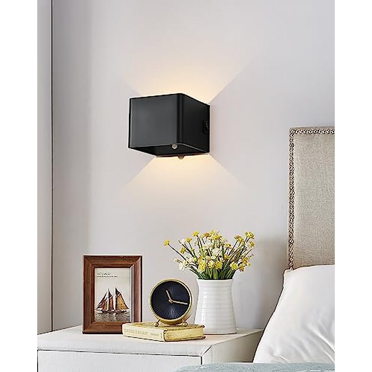 pasentel Indoor LED Motion Sensor Wall Lamp with Button Switch, Cordless Rechargeable USB Wall Sconce Lights Battery Powered Bedside Lamps for Bedroom Children's Room(Black, 3000K), BD026-LED-BK1