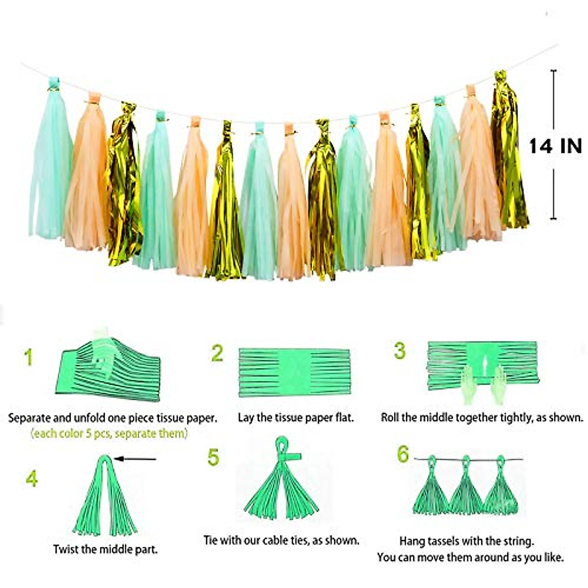 Mint Peach Birthday Party Decorations, Happy Birthday Decoration Set with Birthday Banner Pom Poms Circle Dot Garland and Tassel Garland for Women Grils Birthday Party Decor