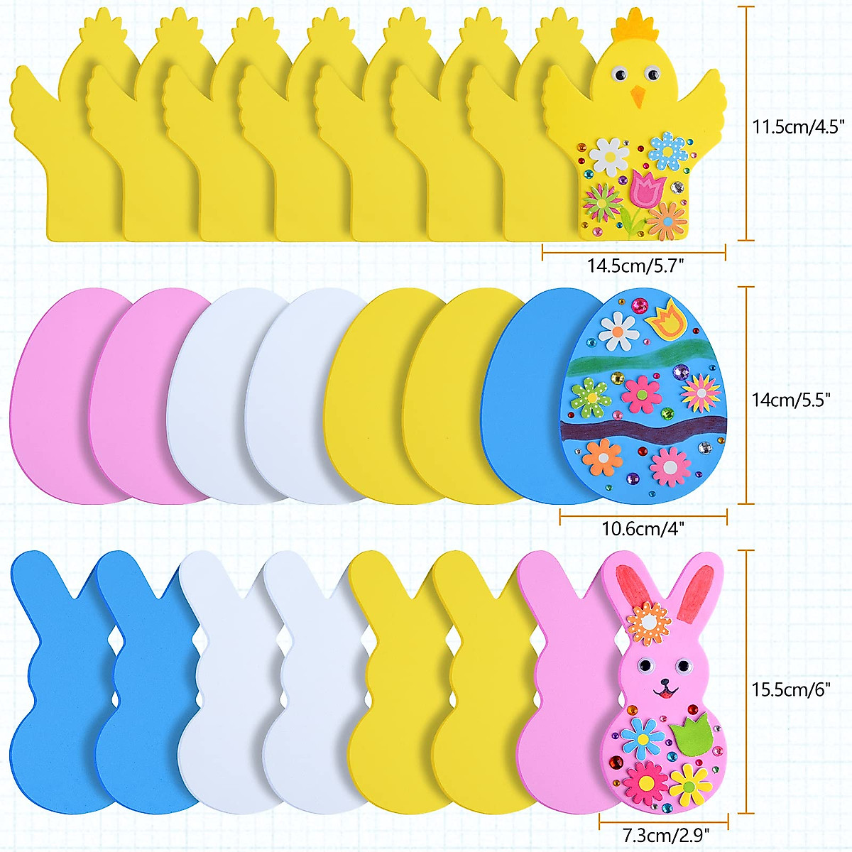 ELECLAND 208 Pcs Easter Foam Stickers Set Easter Bunny Chick Flower Egg Foam Stickers for Easter Crafts with Rhinestones Colored Pen Easter DIY for Girls Boys Easter Home Activities