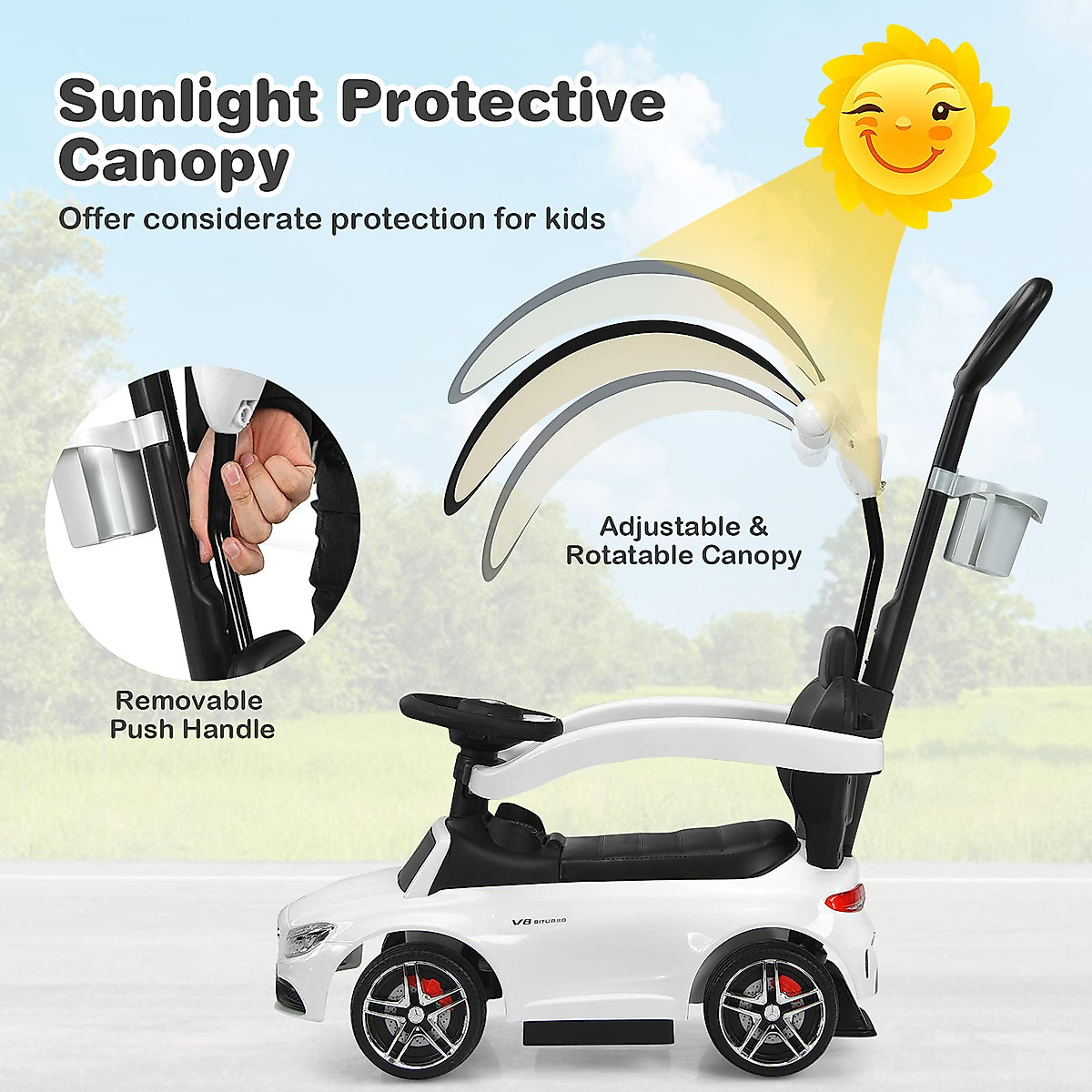 Costzon Push Car for Toddlers, 3 in 1 Mercedes Benz Stroller Sliding Walking Car w/Canopy, Handle, Safety Bar, Cup Holder, Music, Underneath Storage, Foot-to-Floor Ride On Toy for Boys & Girls, White