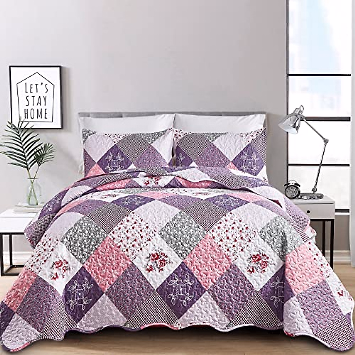 Dinjoy Purple Quilt Set Queen Size, Reversible Floral Plaid Patchwork Pattern Bedding Set Soft Microfiber Lightweight Bedspread Coverlet 3 Piece Spring Summer Use (90x90 inches)