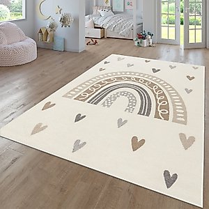Paco Home Kids Room Rug with Rainbow and Hearts in Beige Brown, Size: 5'3" x 7'3"
