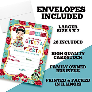Amanda Creation Frida Fiesta Themed Birthday Party Invitations, 20 5x7 Fill In Cards with Twenty White Envelopes