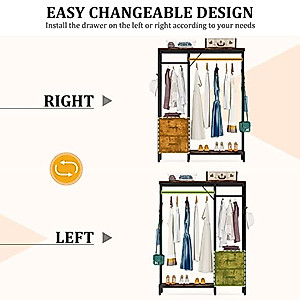 Tribesigns Freestanding Closet Organizer, Clothes Rack with Drawers and Shelves, 6 Hooks, Hanging Rods, Heavy-duty Garment Rack Wardrobe Closet Clothing Storage for Bedroom, Rustic Brown
