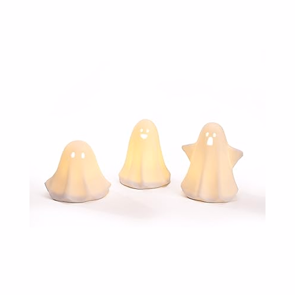 DN DECONATION Cute Ceramic Light Up Ghost Decor, 3PCS Ghost Halloween Decor White Spooky Sculptures, Small Led Ghost Figurines for Indoor Halloween Party Desk Tabletop Centerpieces Decoration