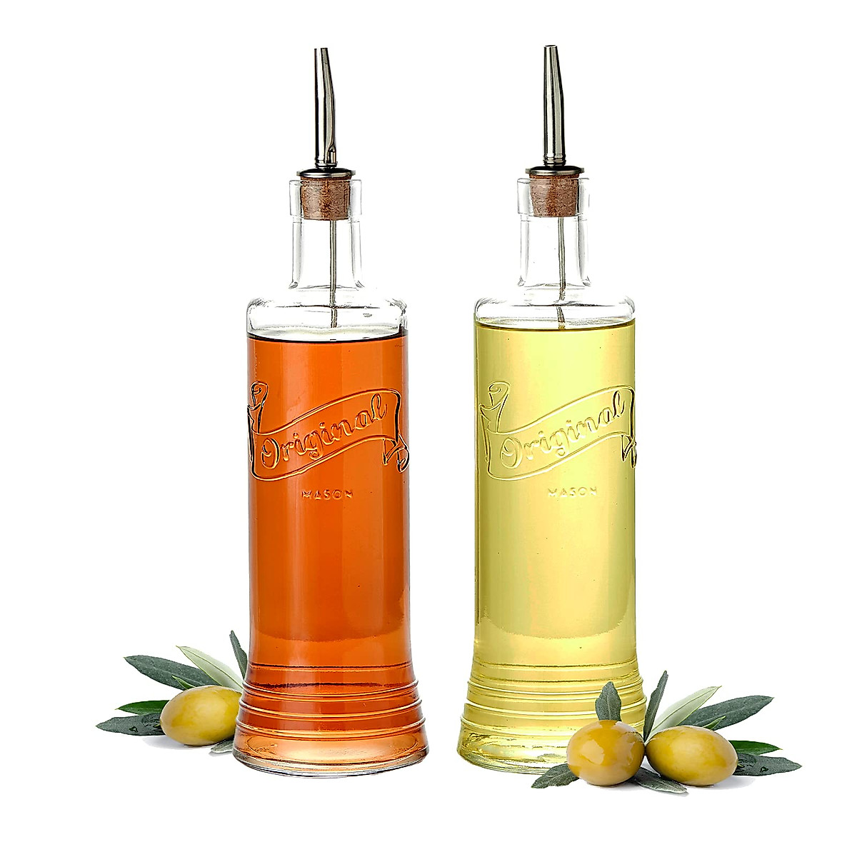 Mason Jar Oil and Vinegar Cruet Bottles - Set of 2-16.9oz - Authentic Original Olive Oil Glass Dispenser Set, Leak Free, Strong Stainless Steel Top with Weighted Pourer & Cork Base, Farmhouse Décor