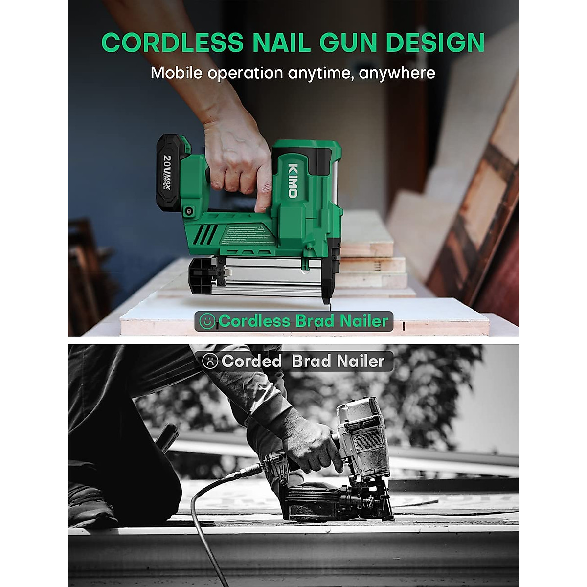 KIMO 18 Gauge Nail Gun Battery Powered w/ 2 X 2.0 Battery & Charger, 2 in 1 Cordless Brad Nailer/Electric Stapler, Adjustable Depth, 18GA Staples for Upholstery, Home Improvement & Woodworking