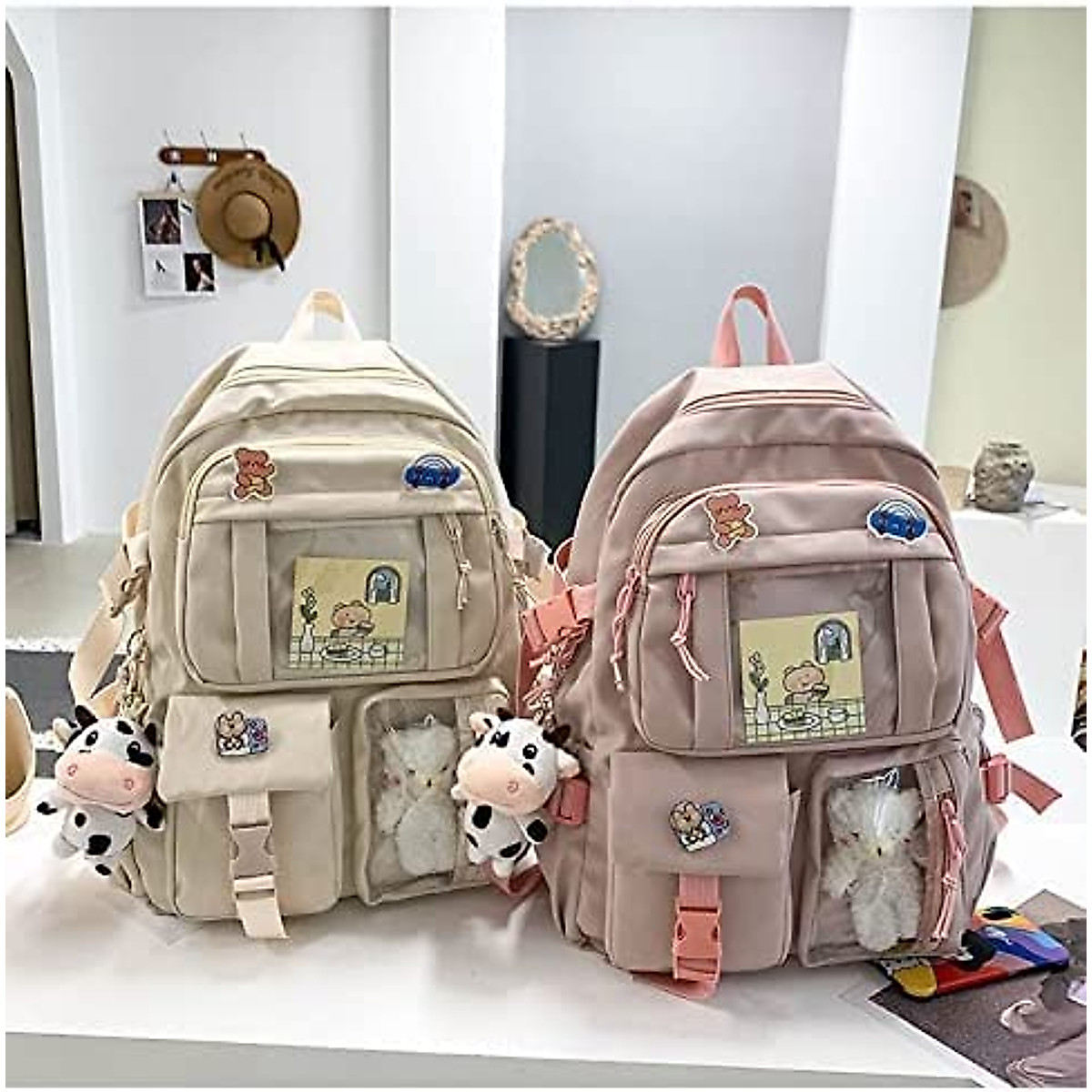 LIEEI Backpack with Cute Pins and Plush Pendant for Teen Girls School Large Capacity Waterproof School Bag Bookbag Backpacks (Pink-2)