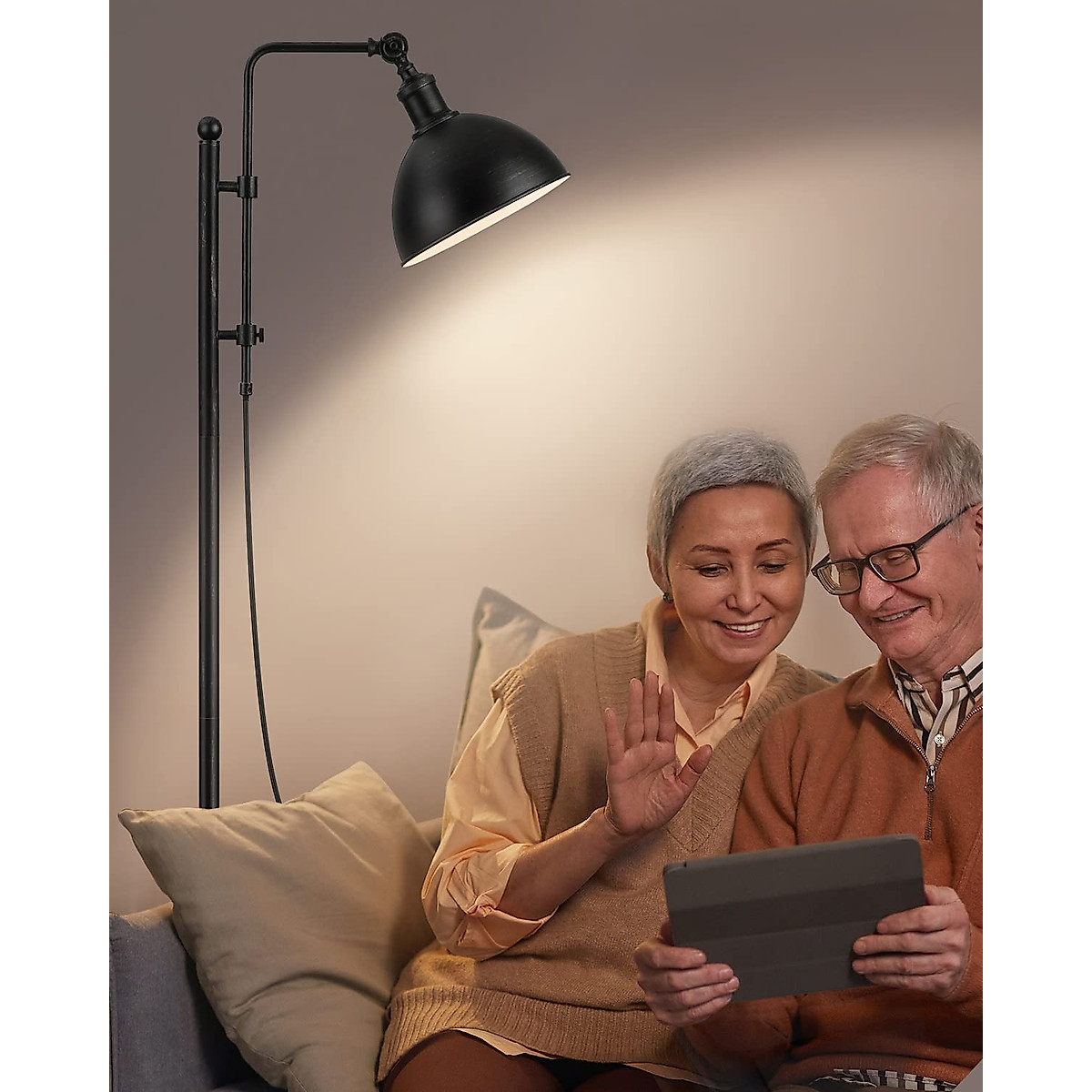 EDISHINE Industrial Floor Lamp, Adjustable Height & Head with Rotary Switch, Rustic Reading Lamp in Aged Black Finish, 65IN Farmhouse Standing Tall Metal Lamp for Living Room, Bedroom, Office