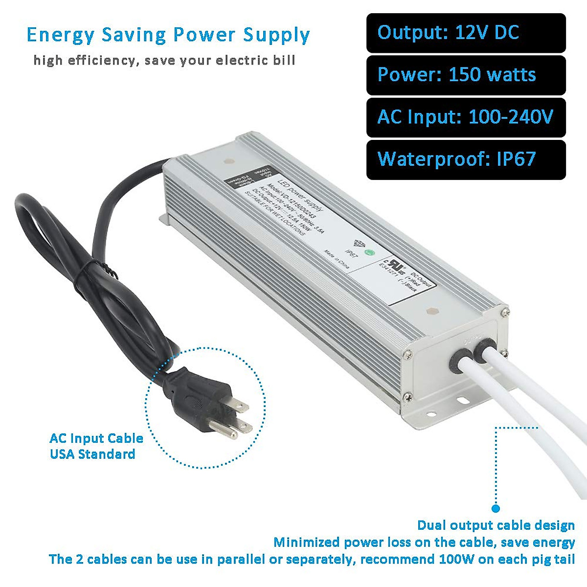 12V LED Driver 150 Watts 110V to 12 Volt Power Supply Waterproof IP67 Transformer 150W 12V DC LED Power Supply AC to DC Converter with 3 Prong Plug, 120V AC to 12V DC Power Adapter Low Voltage