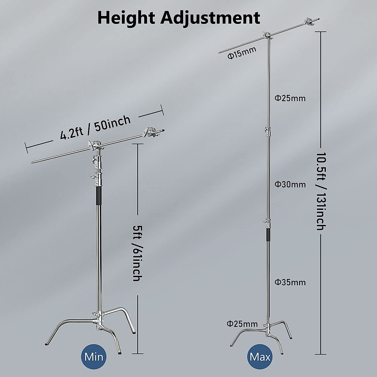 Photography C Stand with Boom Arm: 100% Stainless Steel - Takerers BS11 Heavy Duty Max Height 10.5ft/131inch Light Stands (2 Pack) with 4.2ft/50inch Holding Arm, 2 Grip Head, 2 Sandbag