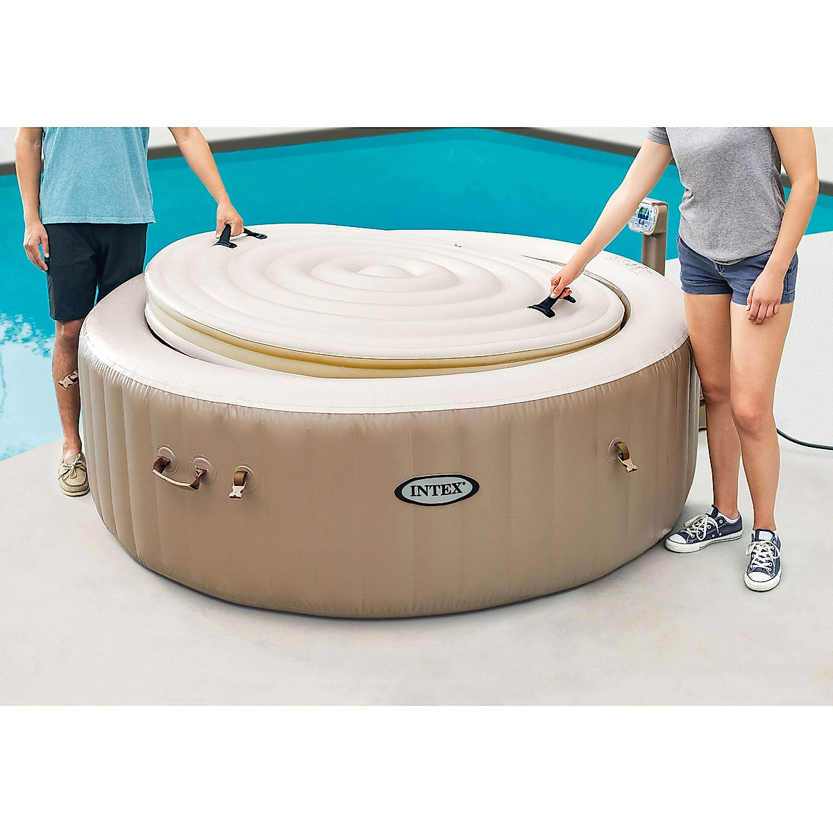 Intex PureSpa 4 Person Inflatable Portable Heated Bubble Jet Spa Hot Tub and Cover Package with Built In Heater Pump