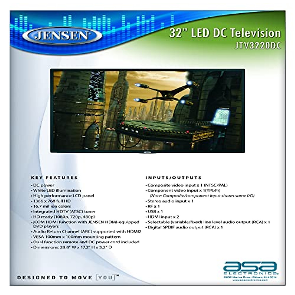 Jensen JTV3220DC 32" Inch Full HD 1366 x 768 LED Television with Integrated HDTV ATSC Tuner HD Ready 1080p, 720p, 480p, 2x HDMI Inputs, JCOM & CEC Function, VESA 100mm x 100mm Mounting Pattern, 12V DC