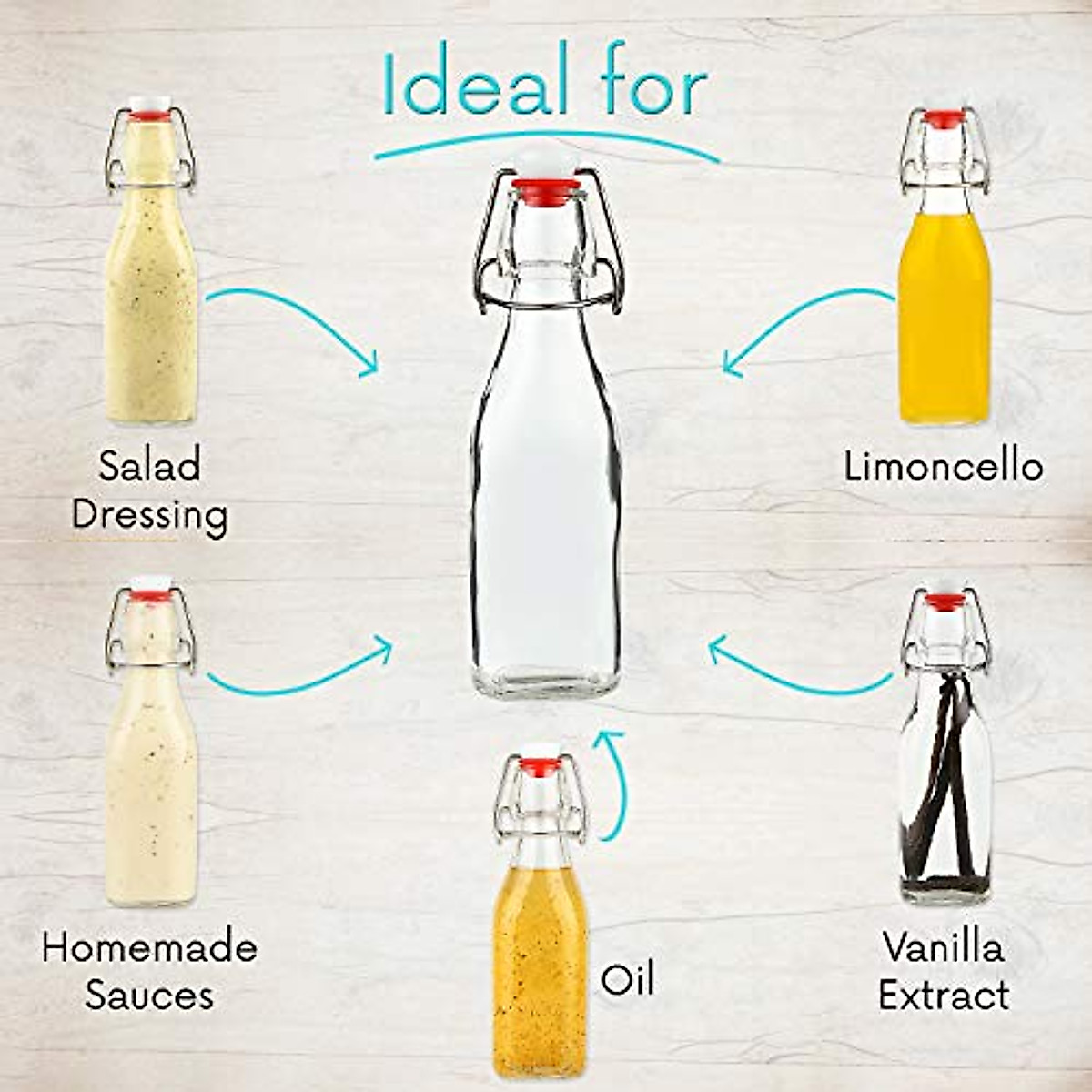 WILLDAN Set of 6-8.5oz Swing Top Glass Bottles - Flip Top Brewing Bottles For Kombucha, Kefir, Vanilla Extract, Beer - Airtight Caps and Leak Proof Lids, Bonus Gaskets and Funnel
