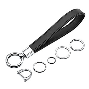 MECHCOS Car Key Fob Keychain Holder Genuine Leather Wristlet Loop Key Chain Circle Carabiner Clip for Men and Women with Anti-Lost D Ring, Screwdriver, 4 Key Rings, 360 Degree Rotatable, Black