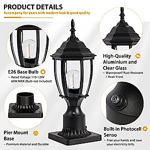 Dusk to Dawn Outdoor Post Lights Hardwired 120V, Aluminum Outside Post Lantern with Pier Mount, Exterior Lamp Pole Lantern Head with Clear Glass, Matte Black Post Light for Patio,Garden,Walkway