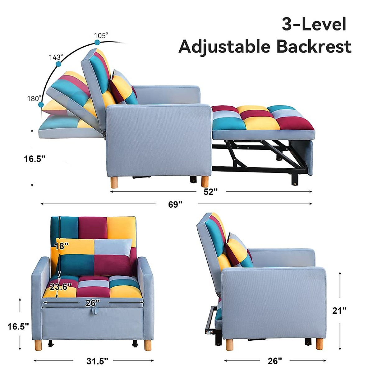 Otnqu Sleeper Chair Bed,Convertible Single Sofa Chair Bed with Pillow,Pull Out Sleeper Bed with Adjustable Backrest,Multi-Functiona Lounge Chair for Living Room(Mix Color)