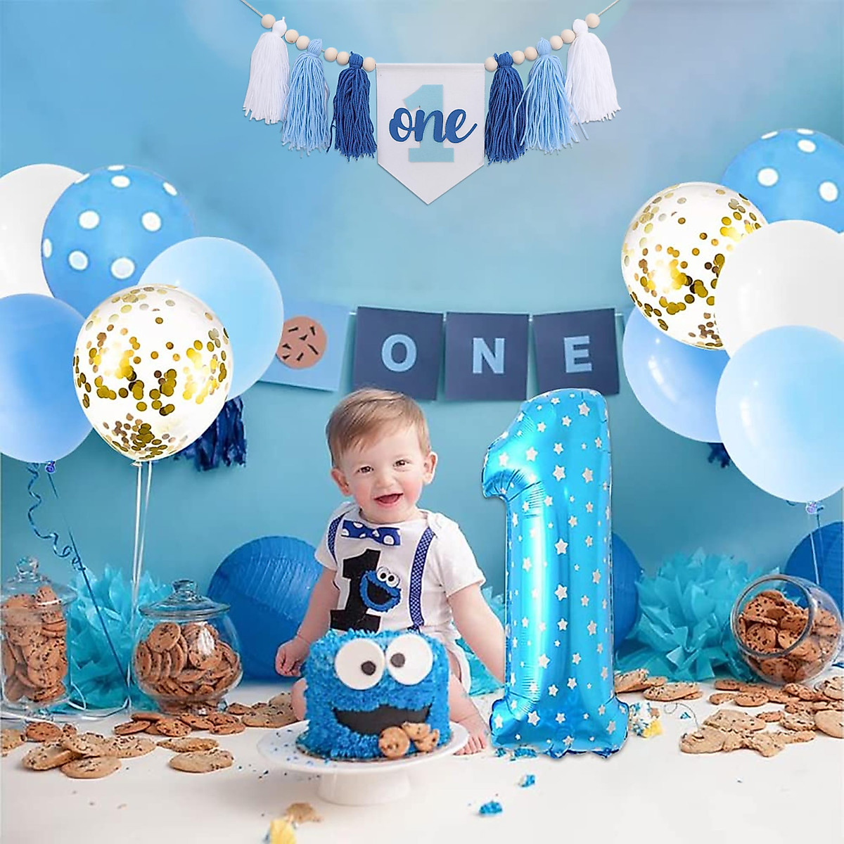 Blue Tassel 1st Birthday High Chair Banner - First Birthday Decorations For Boys,Cake Smash Party Highchair Banner,Yarn Tassel One Birthday Banner,Blue Yarn Tassel Garland Photo Prop
