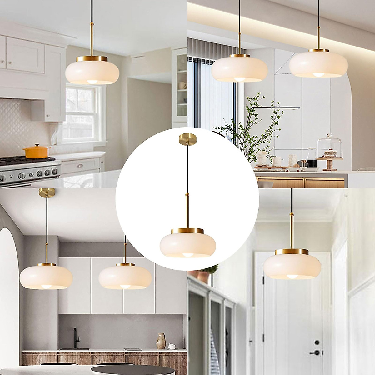 Pairosenvi Pendant Light Fixture, Hanging lamp with Hand-Blown Glass Lampshade, American Retro Style Hanging Light, Height Adjustable Semi Flush Ceiling Light for Kitchen Island, Bathroom… (White)