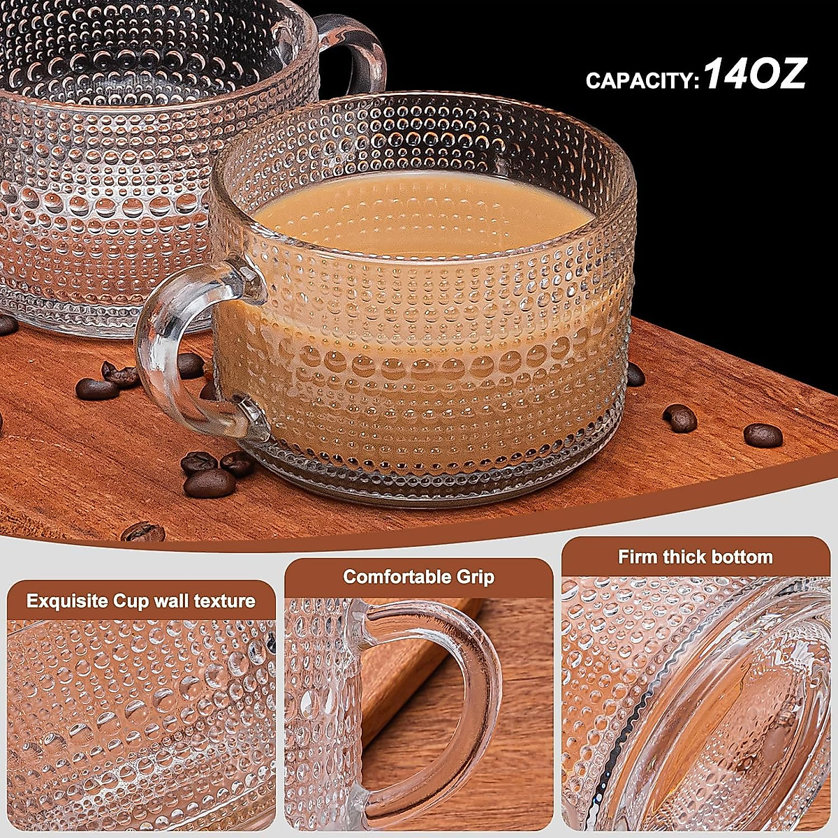 Bupto 4pcs Set Vintage Coffee Mug, Clear Patterned Glass With Handle, Bamboo Lid and Spoon -14 oz. Ideal for Latte, Milk, Overnight Oatmeal Yogurt Glass Teacups, Glassware Gifts(4 set)