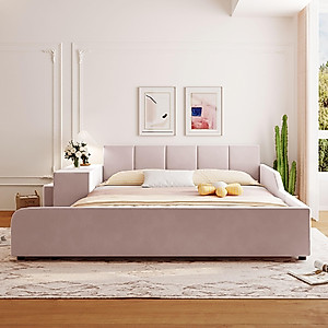 Modern Queen Size Upholstered Grounded Bed Mother & Child Bed Velvet Fabric Upholstered Floor Platform Bed with Bedside Desk and Little Round Stool for Kids Teens Boys Girls Adults (Pink-@9.9)