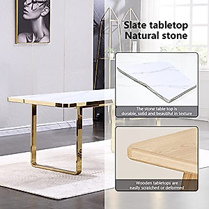 AZhome 7-Piece Dining Set, Gold Dining Room Table Set for 6, Black Leather Dining Chairs with Polished Stainless Steel Sled Base for Kitchen, Dining Room