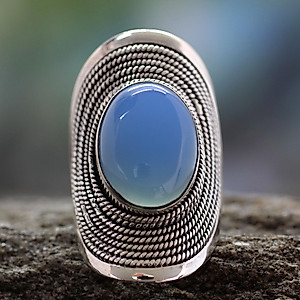 NOVICA Artisan Handmade .925 Sterling Silver Cocktail Ring Jewelry Chalcedony from India Blue Single Stone Placid Serenity Bollywood Bohemian 'Jaipur Skies'