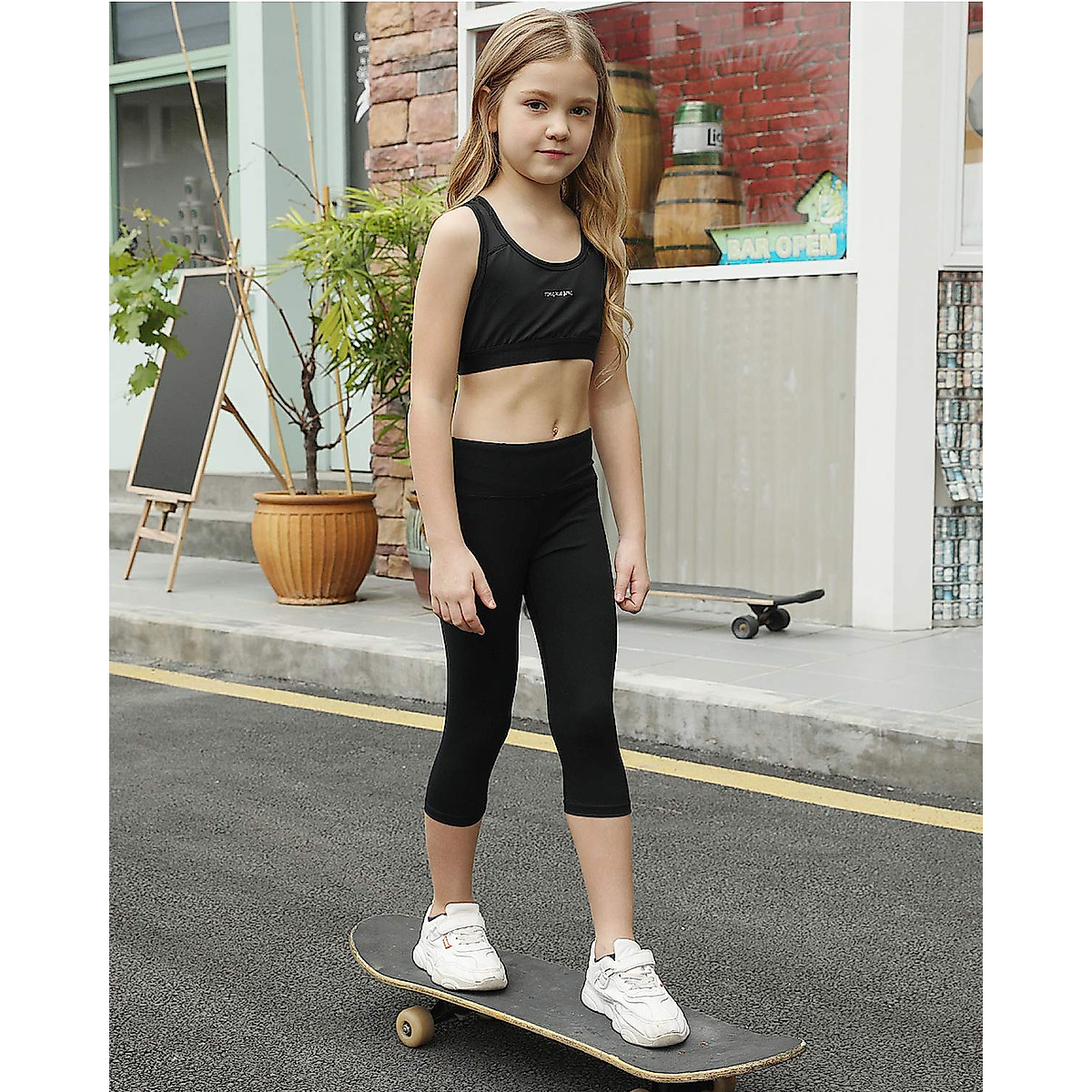 Stelle Girls Active Capri Legging Yoga Pants for Workout Sport Running (2 Piece Black, S), Little Kid