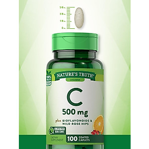 Vitamin C with Rose HIPS and Bioflavonoids | 500mg | 100 Caplets | Vegetarian, Non-GMO & Gluten Free | by Nature's Truth.