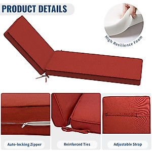 TWLEAR Outdoor Chaise Lounge Cushion for Patio Furniture 72 x 21 x 3 Inch, Water Resistant Patio Lounge Chair Cushion with Straps for Lawn Pool Furniture, 1 Pack, Olefin Brick Red