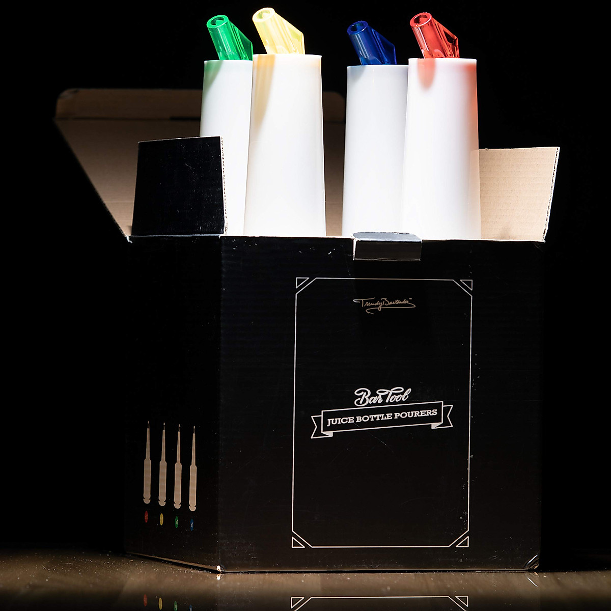 Trendy Bartender Color Coded Flow N Stow Juice Bottles (32oz / 1 Quart, Set of 4) – Commercial Grade Bar Pourers with Spout and Lid for Effortless Mixing, Pouring, and Storage