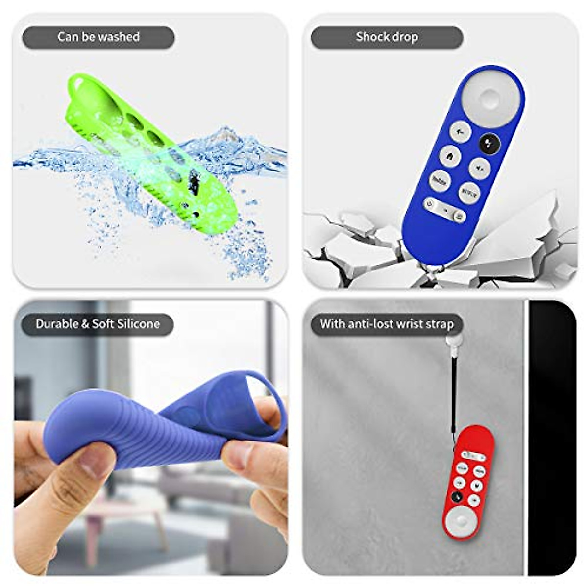 [4Pcs]Protective Case Compatible for Chromecast with Google TV Remote Control, Alquar Shockproof Silicone Skin for Google TV 2020 Voice Remote, Anti-Lost with Loop (red+dark blue+glow blue+glow green)