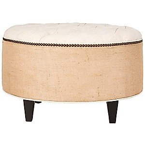 Tufted Round Ottoman, 30" Linen and Burlap