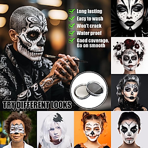 Jim&Gloria Black and White Face Paint + Painting Brush + UV Glow Tattoos, Sweatproof & Water Resistance Paints, Professional Palette Makeup Kit for Halloween SFX Costume Skeleton Clown Joker Mime