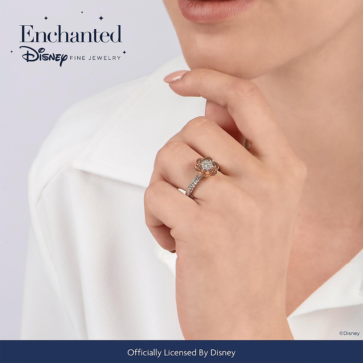 Jewelili Enchanted Disney Fine Jewelry 14K Rose Gold Over Sterling Silver 1/4 Cttw Belle Rose Composite Ring, Size 8